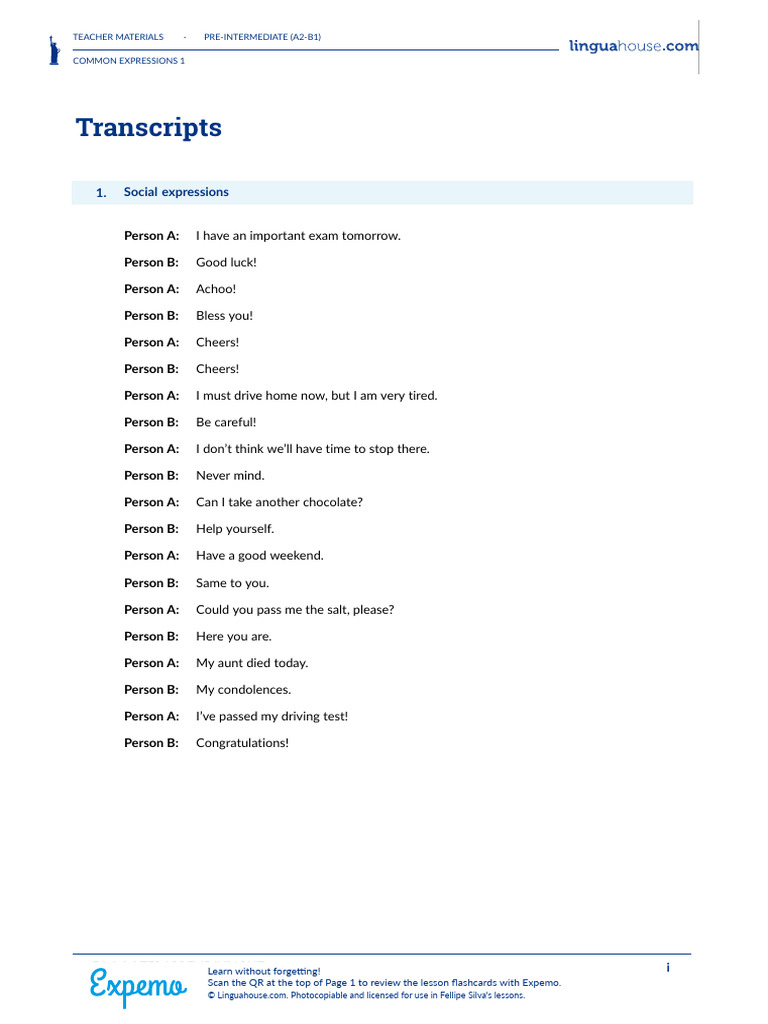 Transcript Common Expressions 1 | PDF
