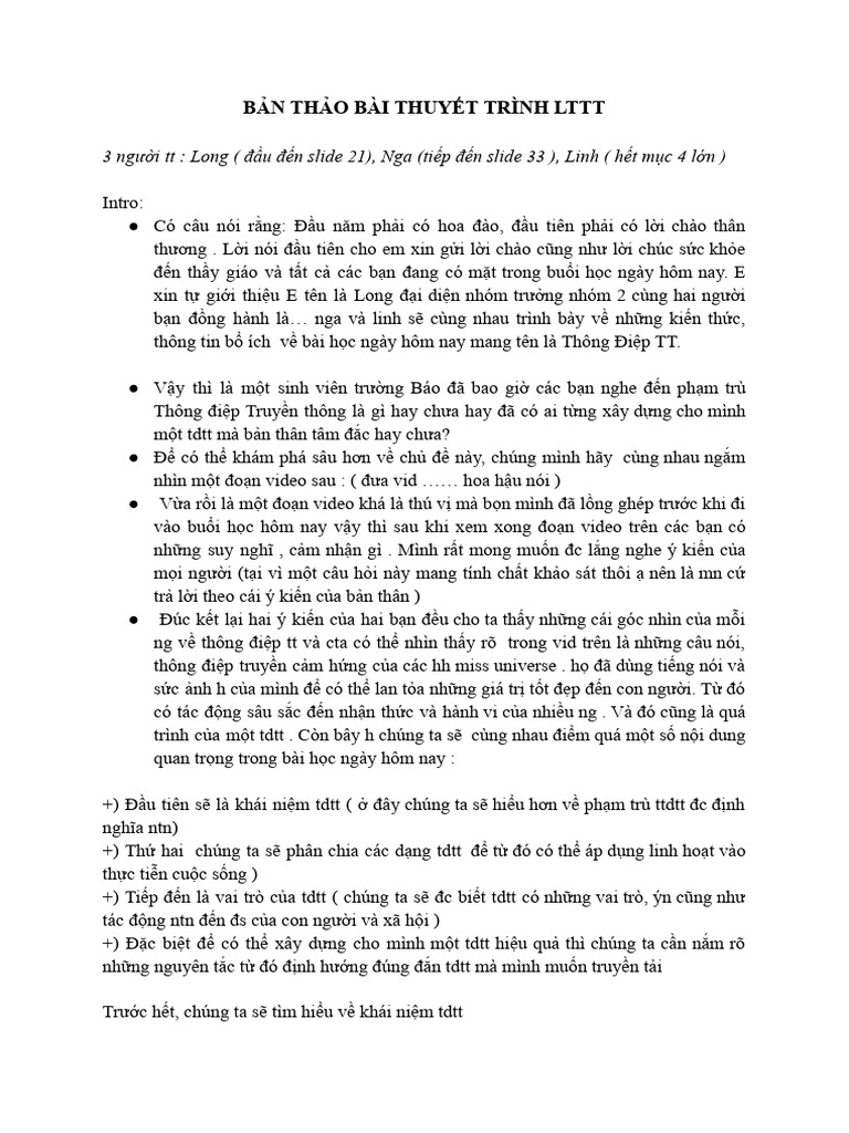 BẢN THẢO BÀI THUYẾT TRÌNH LTTT Google Tài liệu | PDF