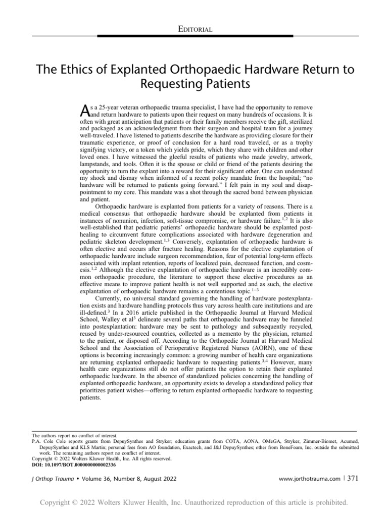 The Ethics of Explanted Orthopaedic Hardware.1 | PDF | Autonomy ...