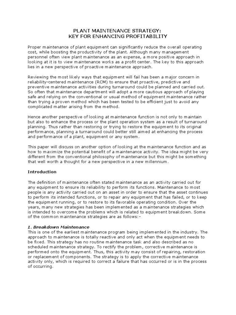 Plant Maintenance Strategy | PDF | Reliability Engineering | Strategic ...
