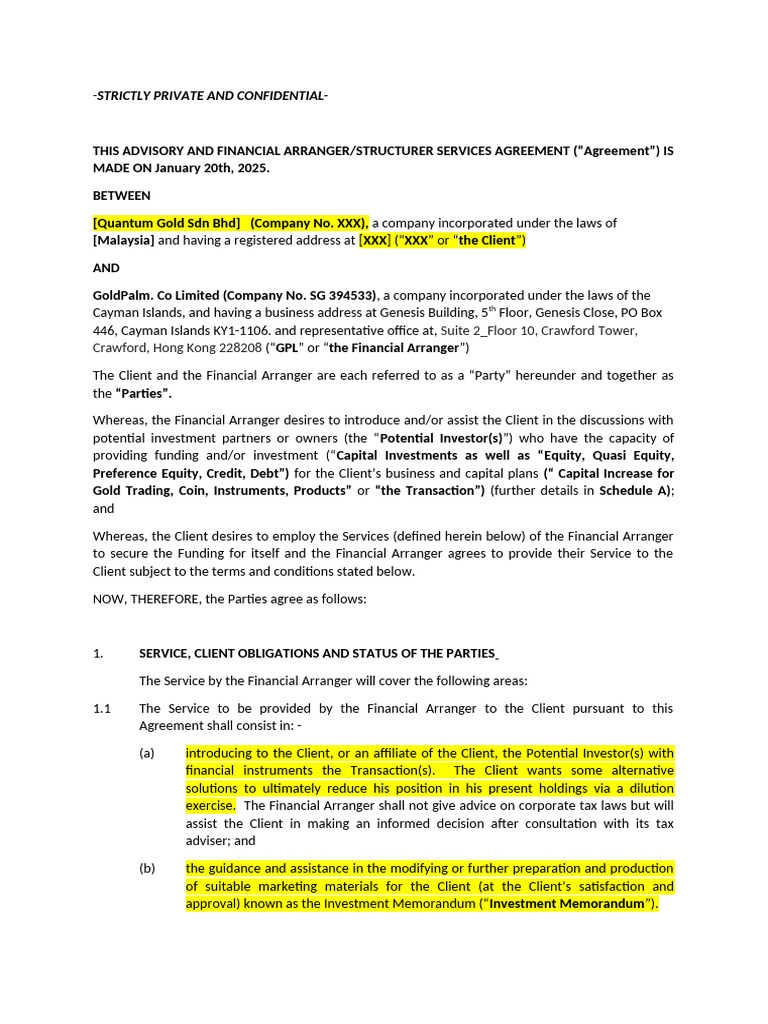 Quantum Gold Capital - Engagement Letter Draft | PDF | Misrepresentation | Legal Liability