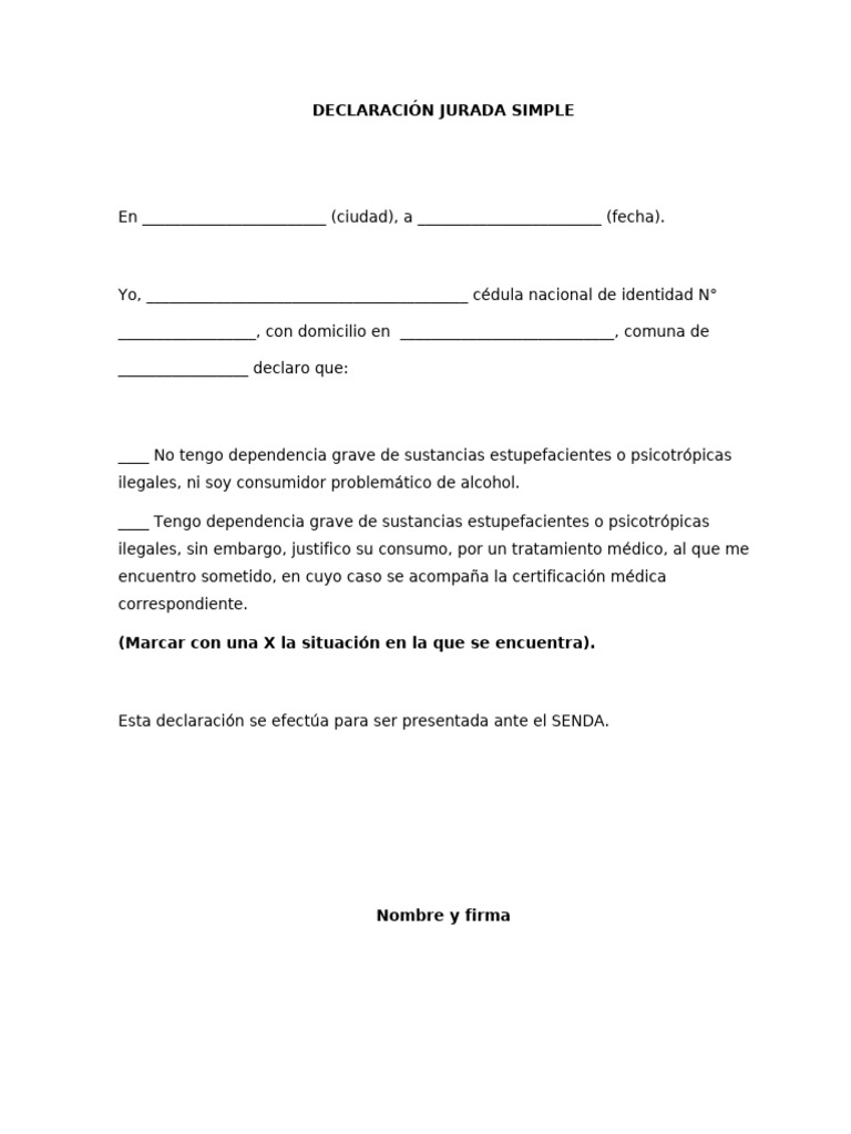 Declaracion Jurada Simple No Consumo de Drogas | PDF