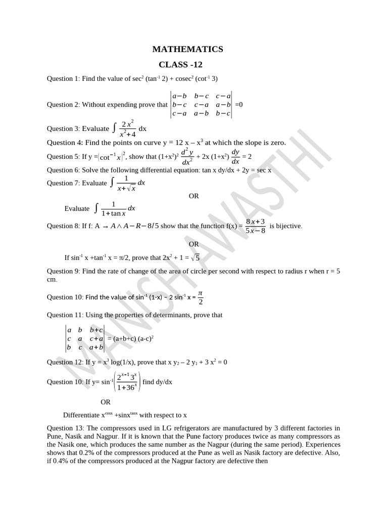 Advanced Calculus Problems for Class 12 | PDF | Fertilizer | Mathematics