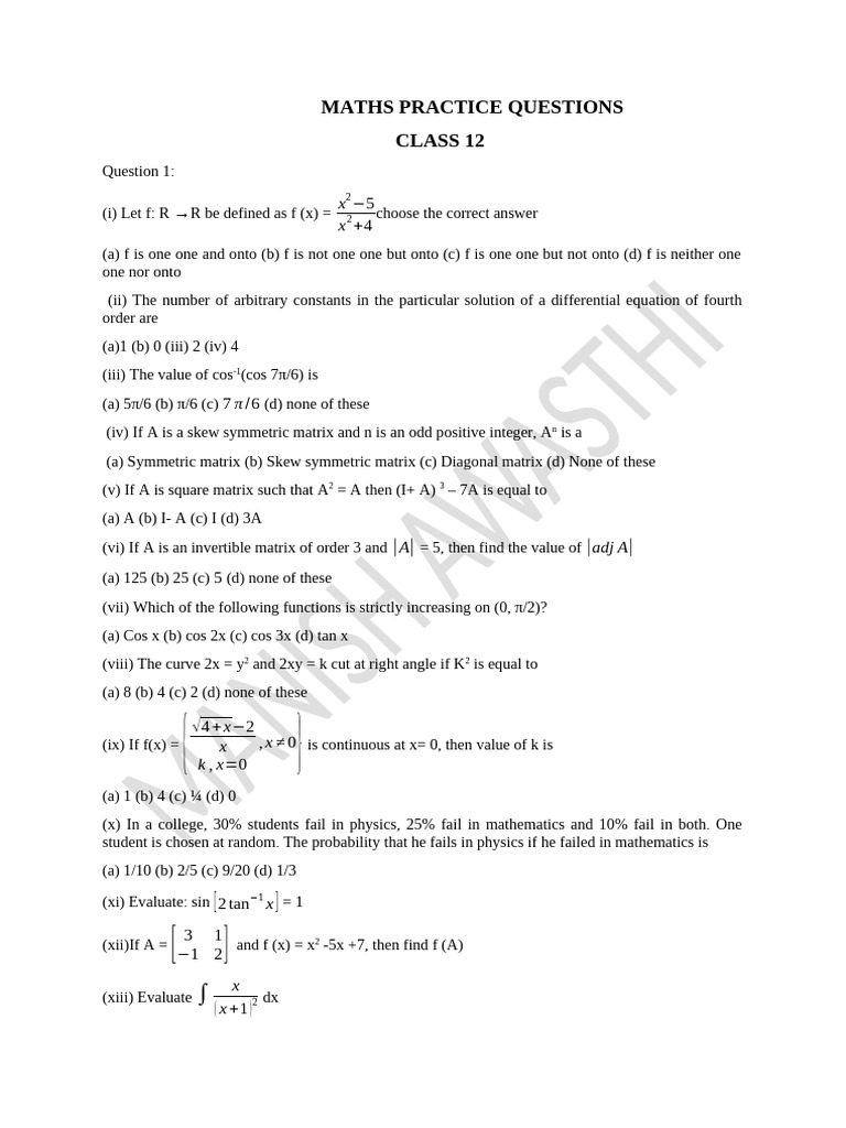 Class 12 Maths Practice Questions - 035857 | PDF | Matrix (Mathematics) | Mathematical Objects