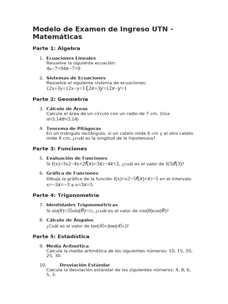 Modelo de Examen de Ingreso UTN | PDF