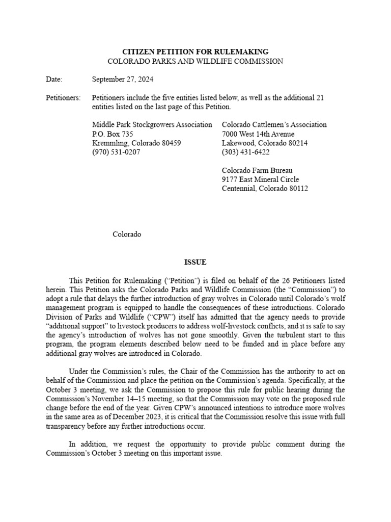 Petition For Rulemaking Re Further Wolf Introductions | PDF | Colorado