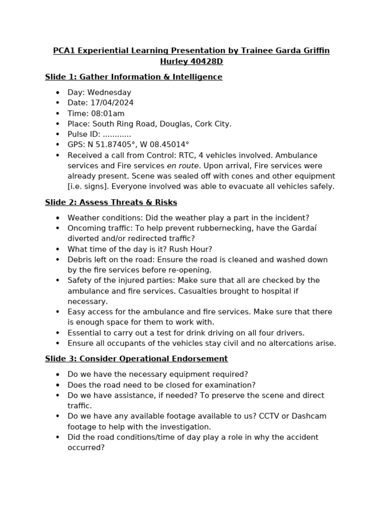 PCA1 Experential Learning Presentation by Trainee Garda Griffin Hurley 40428D 2 | PDF | Traffic ...