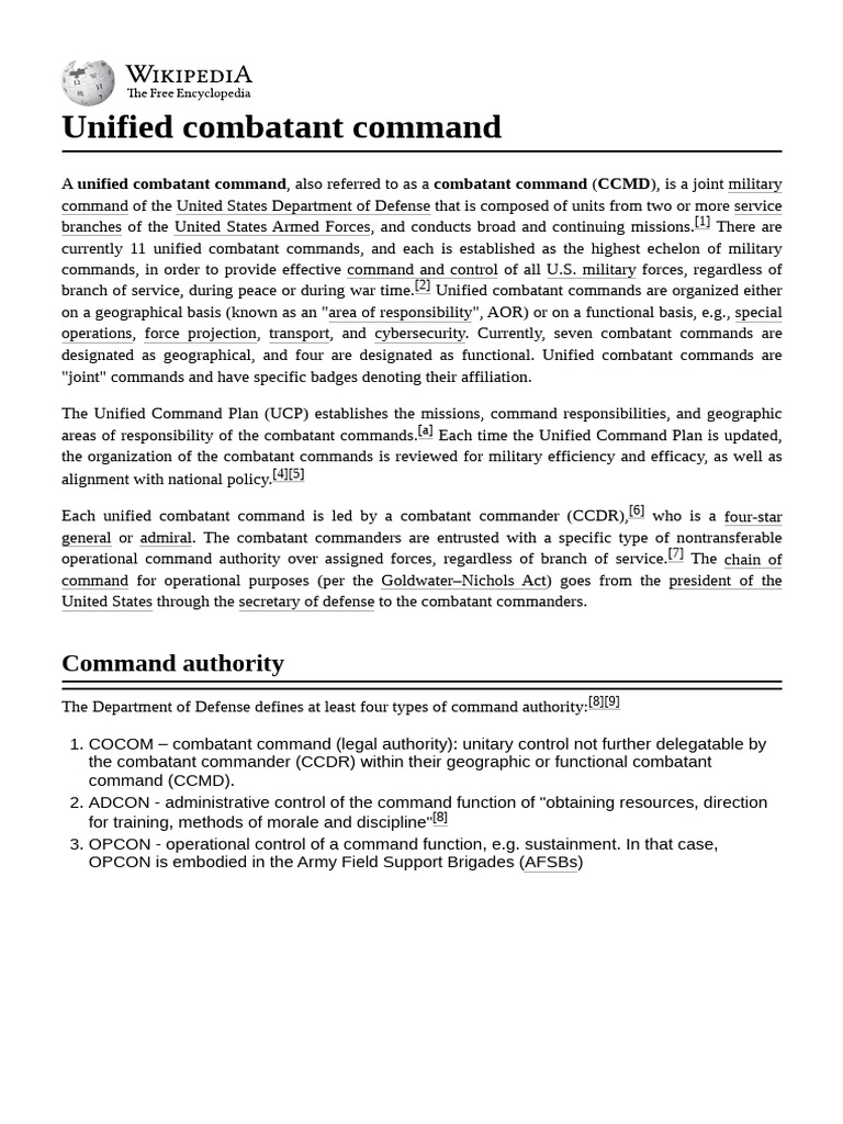 Unified Combatant Command | PDF | Agencies Of The United States ...