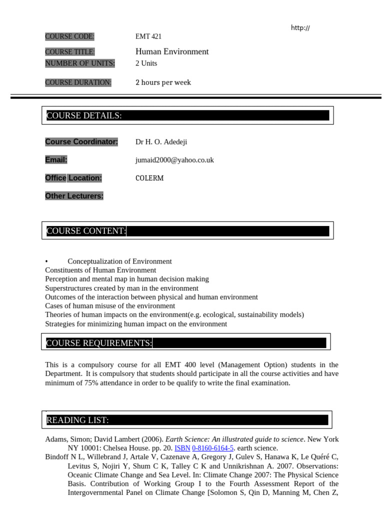 Human Environment Course Overview EMT 421 | PDF | Climate Change ...