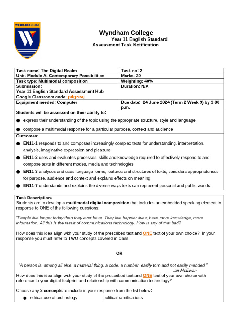 2024 Y11 English STD Assessment Task 2 Notification | PDF | Human ...