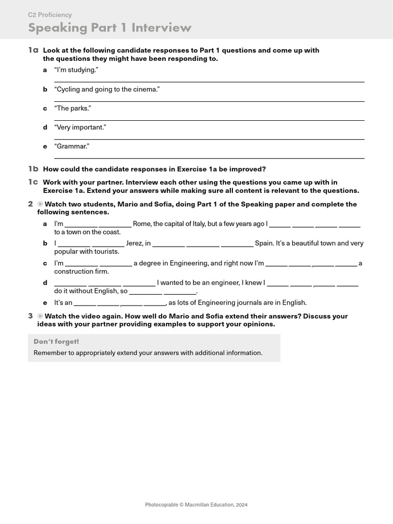 RF - C2 - Speaking Part 1 Interview | PDF