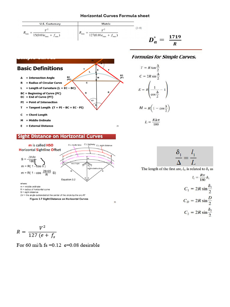 Horizontal curves formula sheet. | PDF