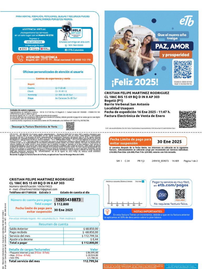 Tu Factura ETB Enero de 2025 | PDF | Industrias de servicio | Telecomunicaciones