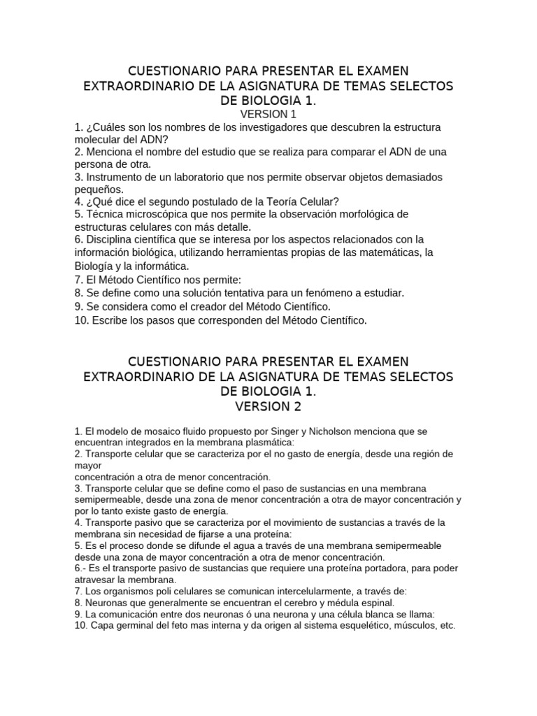 Cuestionario Examen Extraordinario de Temas Selectos de Biologia 1 | PDF