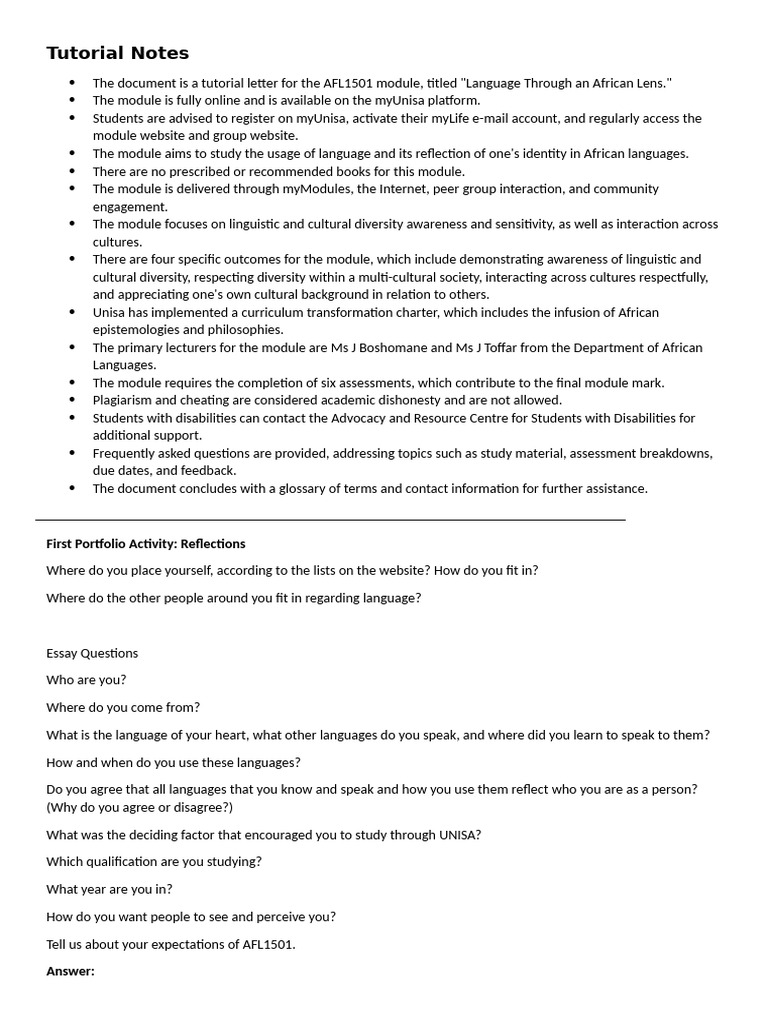 AFL1501 Notes Unit 1-4 - Texts, Reflections and Explanations | PDF ...