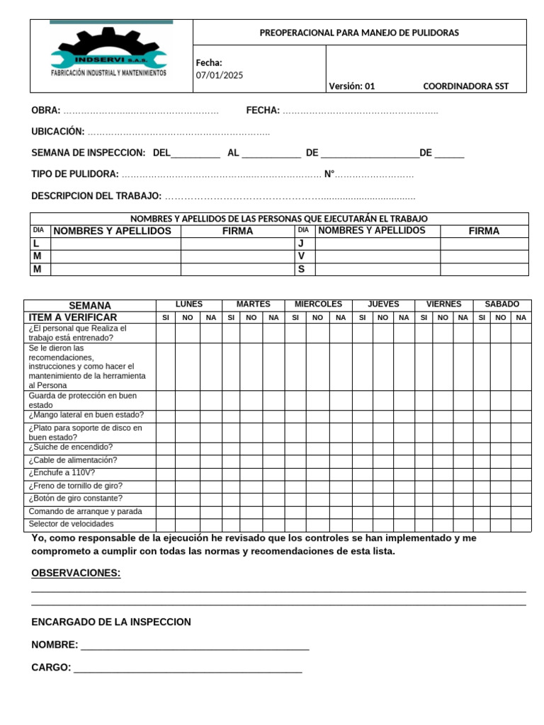 Preoperacional de Pulidora | PDF