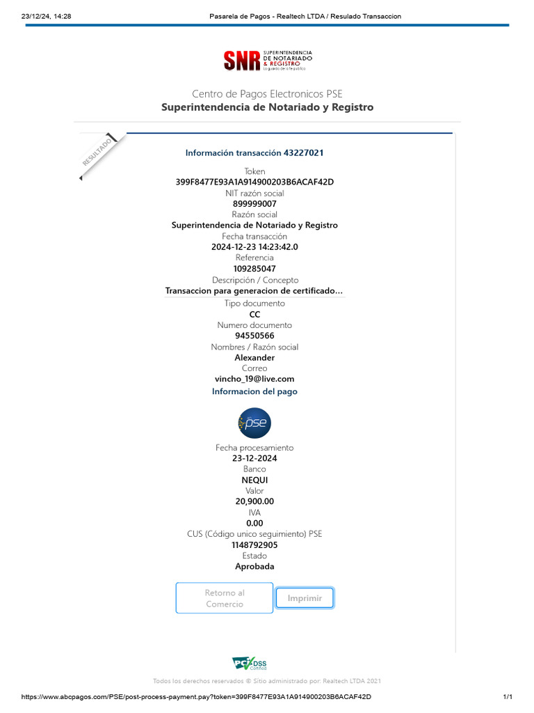 Pasarela de Pagos - Realtech LTDA - Resulado Transaccion | PDF