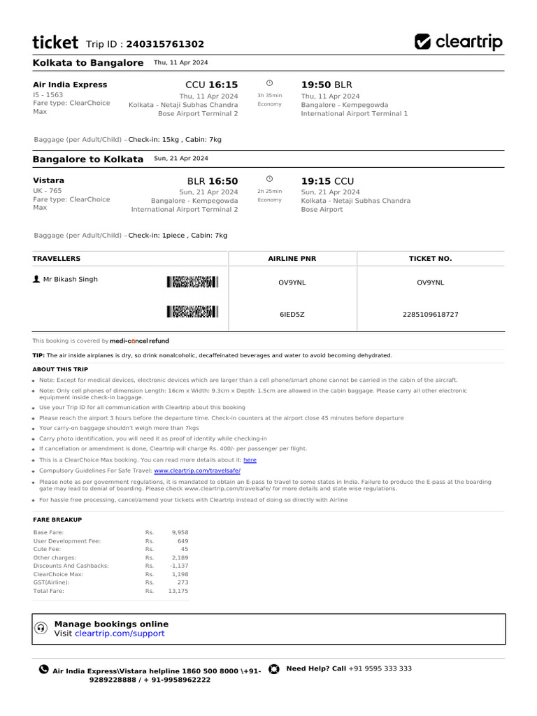 Cleartrip Flight Domestic E-Ticket | PDF | Aviation | Transport