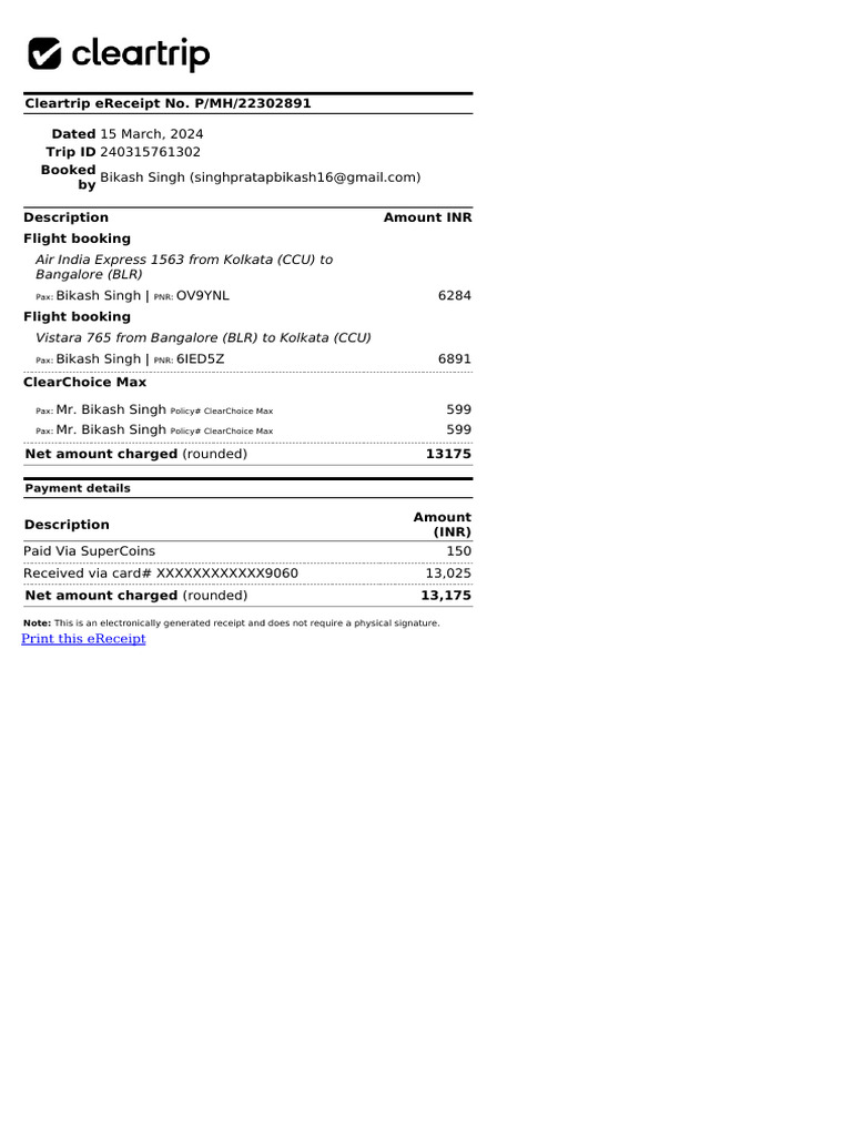 Cleartrip Receipt | PDF