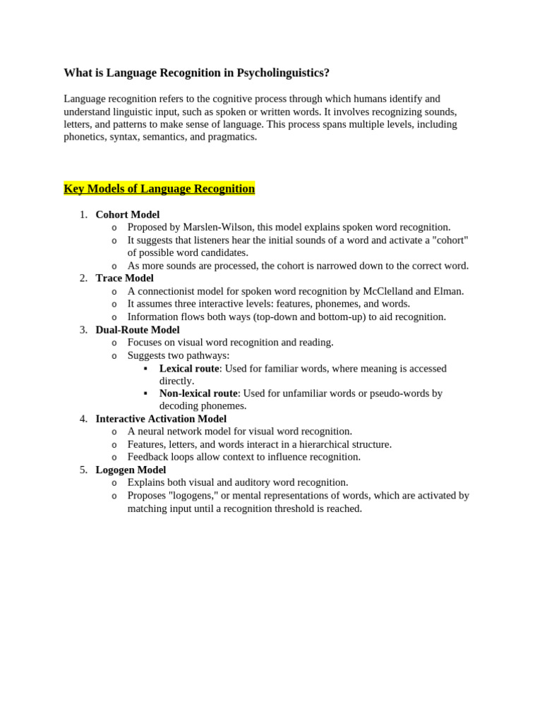 Language Recognition in Psycholinguistics-1 | PDF | Word | Cognitive ...