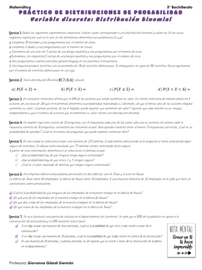 Práctico de Distribución Binomial | PDF | Teoría estadística | Teoría de probabilidad