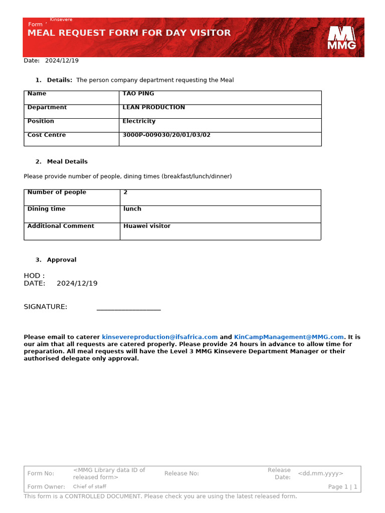 Kinsevere Meal Request Form | PDF