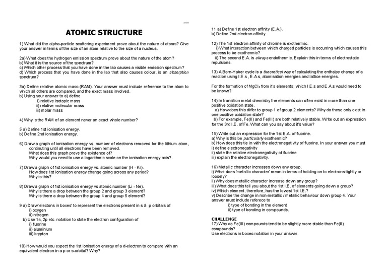 Atomic Structure Questions | PDF | Atoms | Electron Configuration