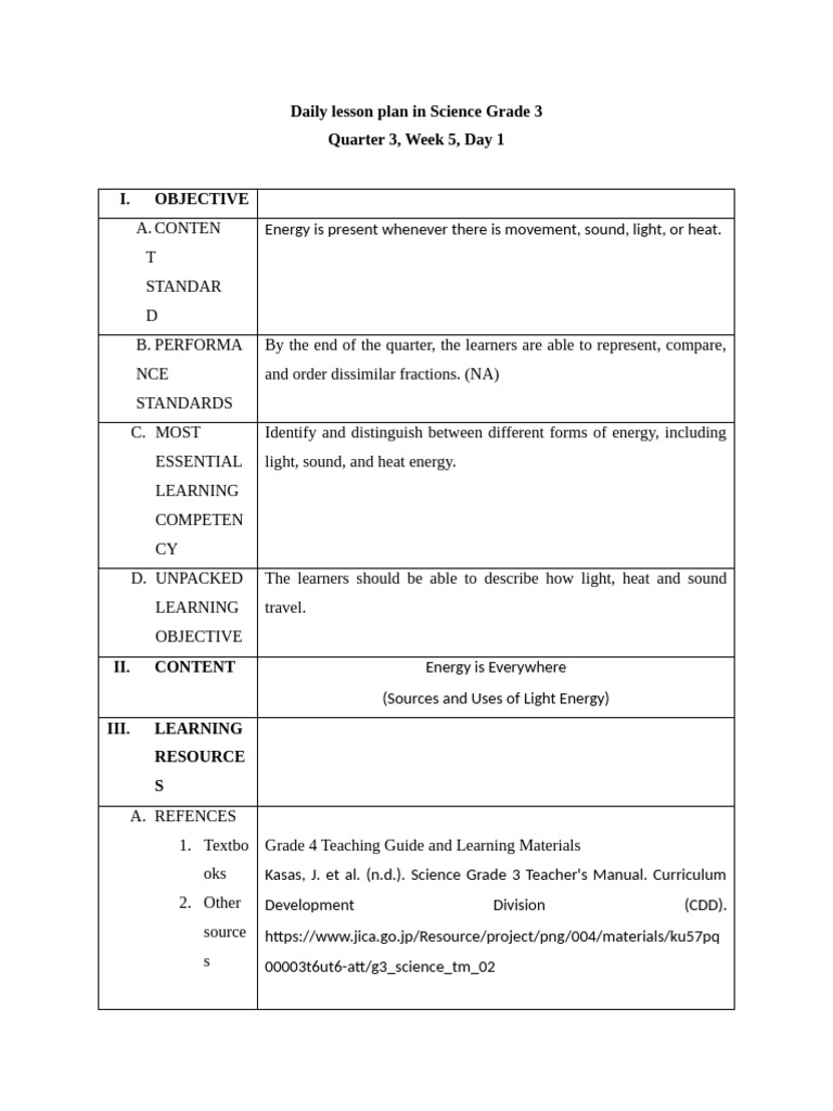 Grade 3 Science Lesson Plan: Energy | PDF | Learning | Behavior ...