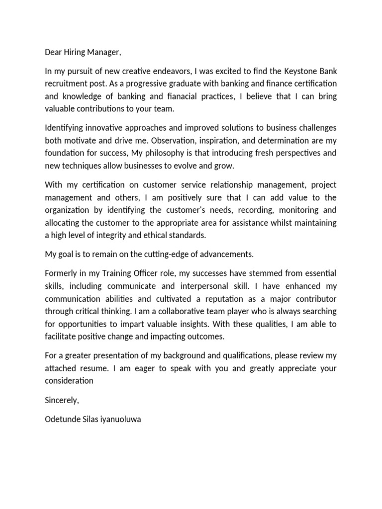 Keystone Bank Cover Letter | PDF