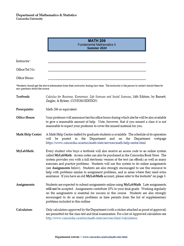 Course Outline - MATH 209 (Summer 2024) | PDF | Derivative ...