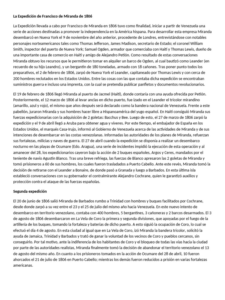 La Expedición de Francisco de Miranda de 1806 | PDF | Conflictos | Conflictos del segundo milenio