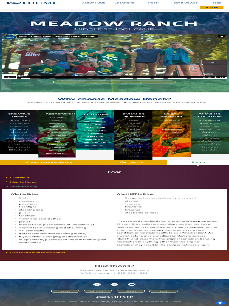 Meadow Ranch - Middle School Camp - Hume Christian Camps | PDF