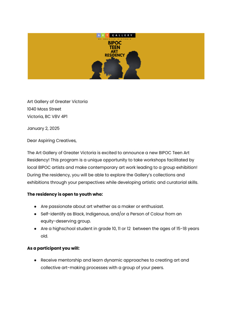 Letter of Invitation With Link AGGV BIPOC Teen Art Residency | PDF