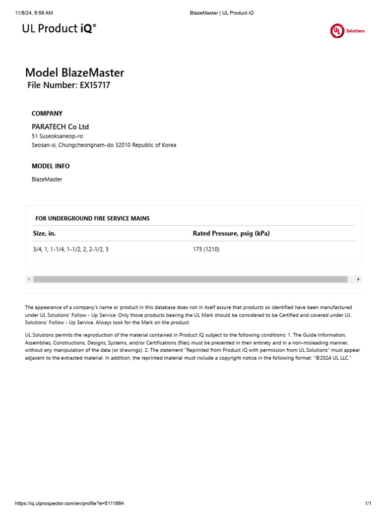 BlazeMaster Paratech Underground - UL Product Iq | PDF