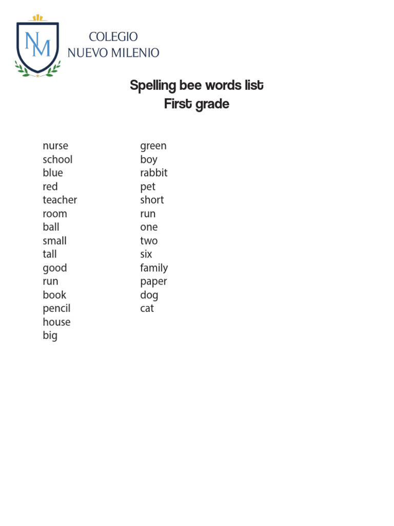 First Grade Spelling Bee Words List | PDF