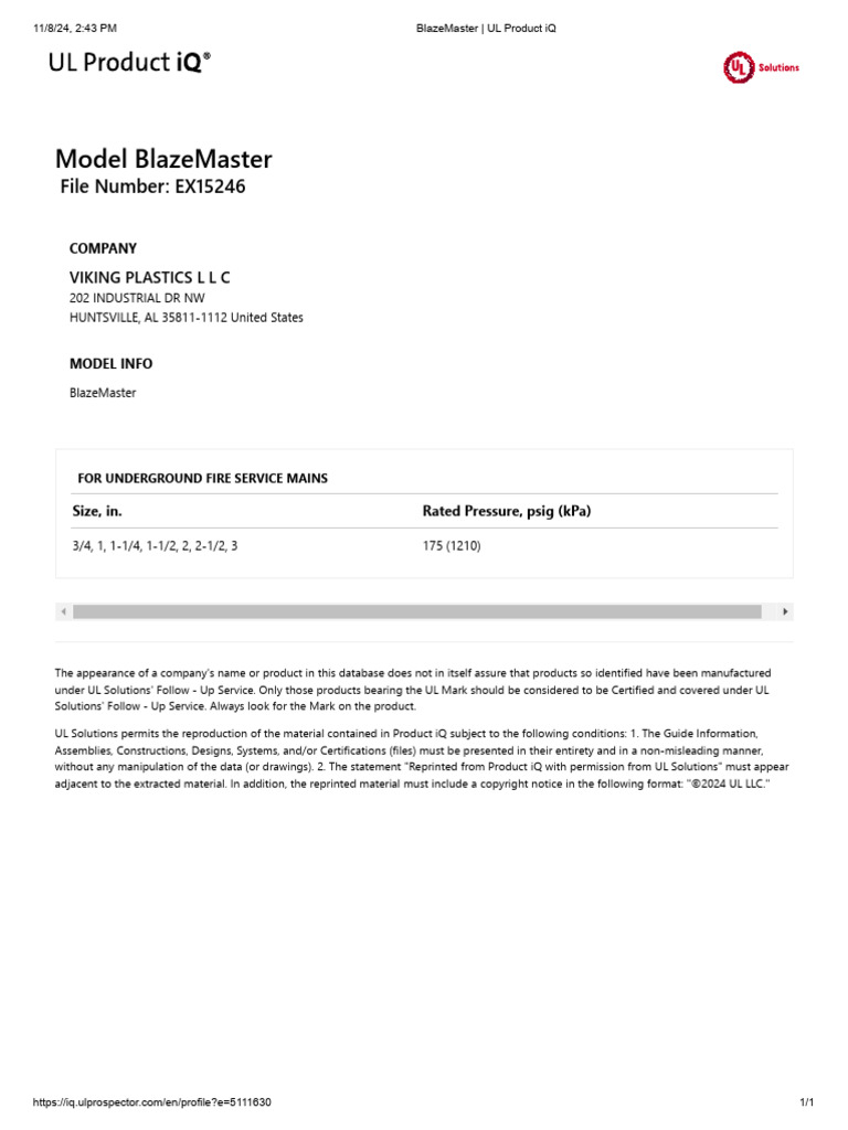 BlazeMaster Viking Undergorund - UL Product Iq | PDF