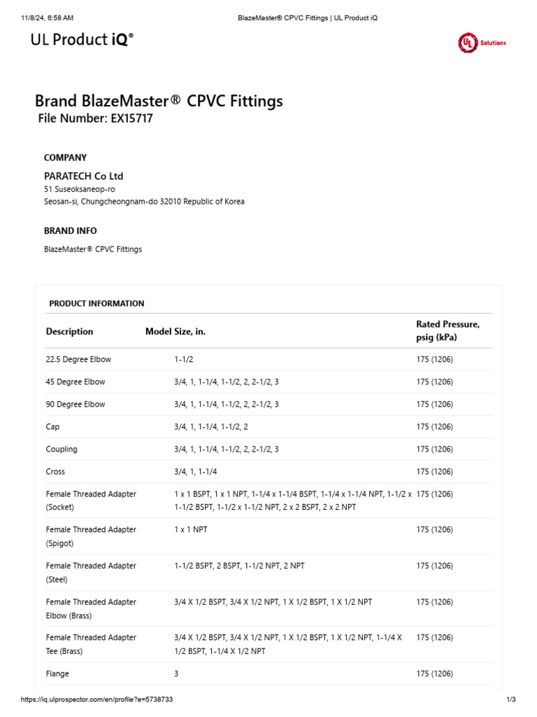 BlazeMaster® CPVC Fittings Paratech Sprinklers - UL Product Iq | PDF ...