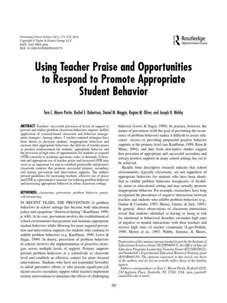 Using Teacher Praise and Opportunities To Respond To Promote ...