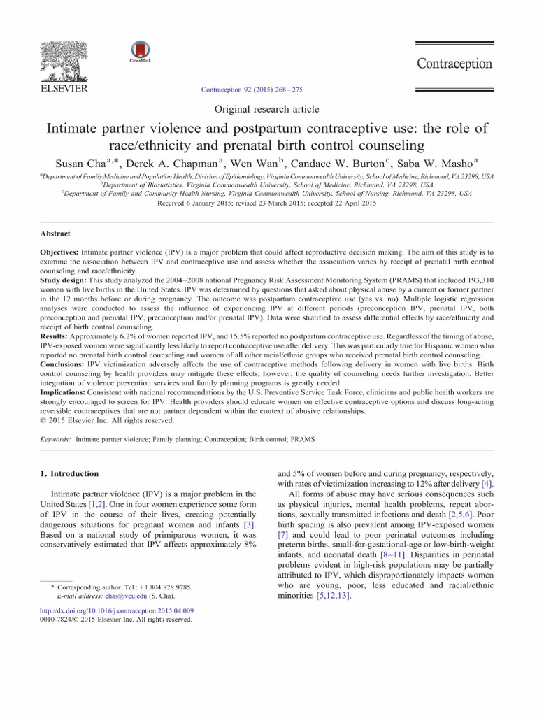 Intimate Partner Violence and Postpartum Contraceptive Use | PDF