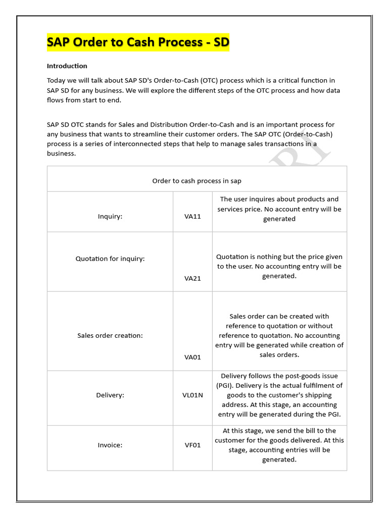 SAP Order To Cash Process - SD | PDF | Invoice | Business