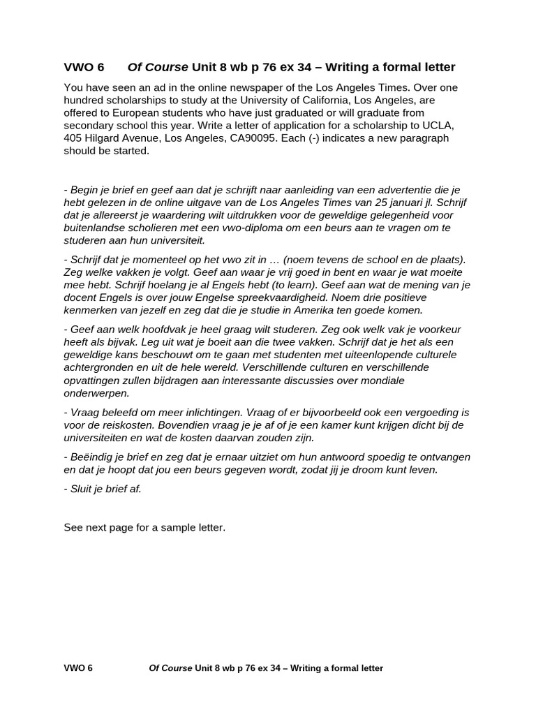 V6 Sample Letter of Application UCLA TBO of Course Unit 8 Wb p 76 Ex 34 ...