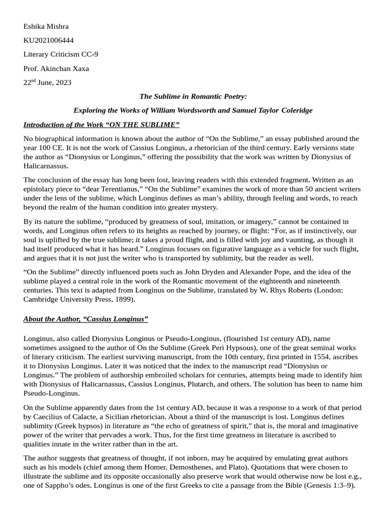 Literary Criticism Research Assignment | PDF | William Wordsworth | Poetry