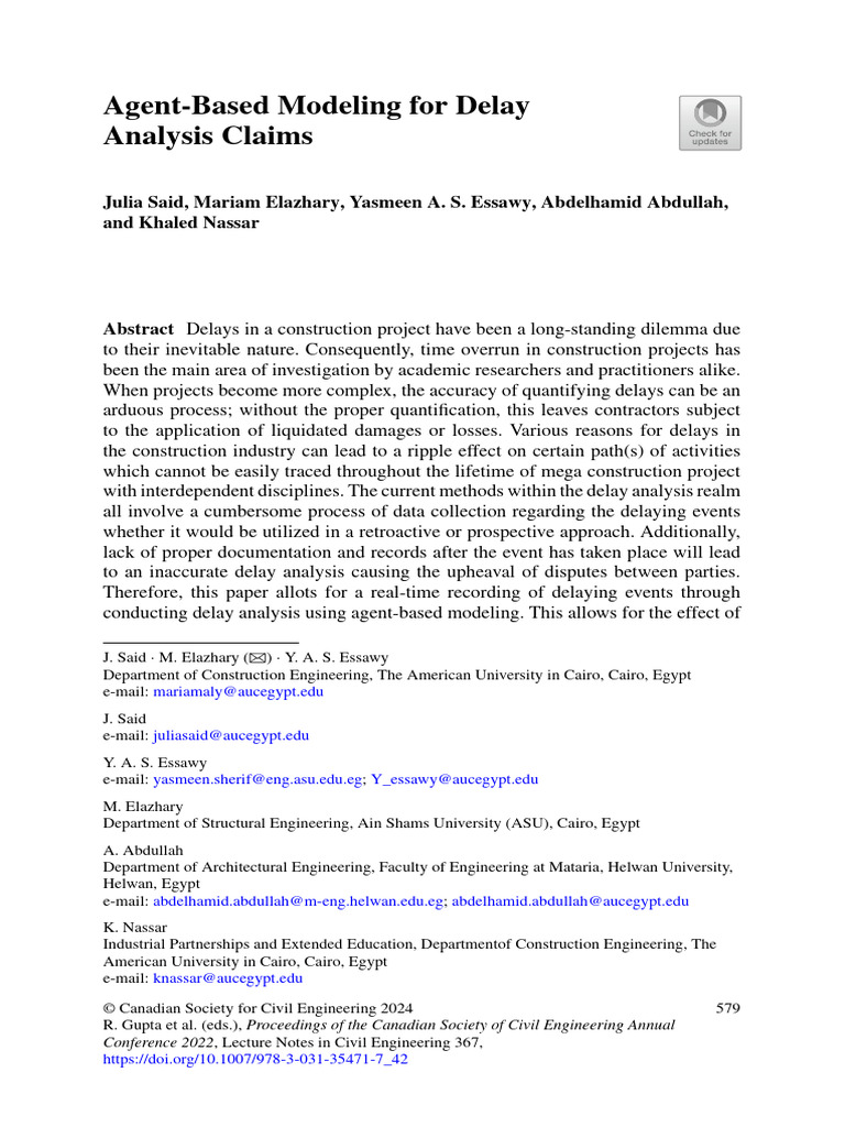 Agent-Based Modeling For Delay Analysis Claims | PDF | Agent Based Model | Simulation