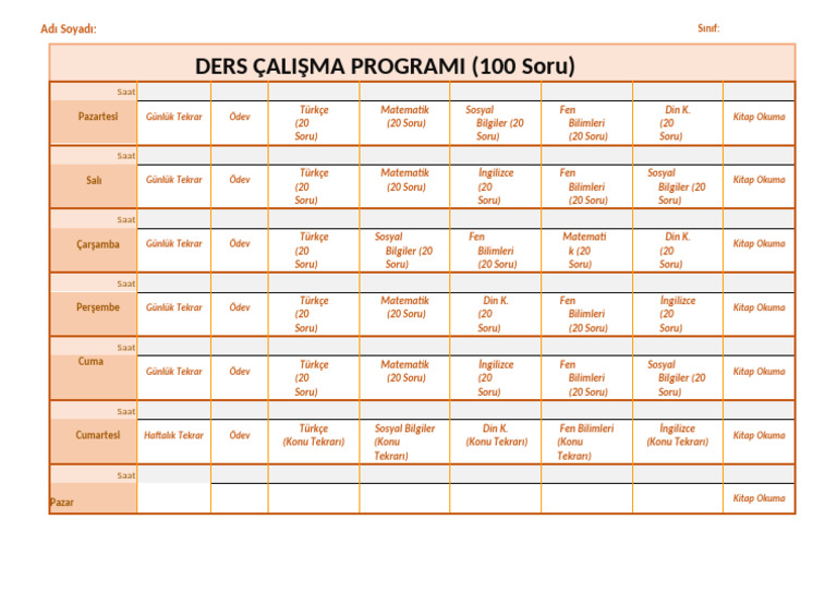 Ders-Calisma-Programi-100-Soru 2 | PDF