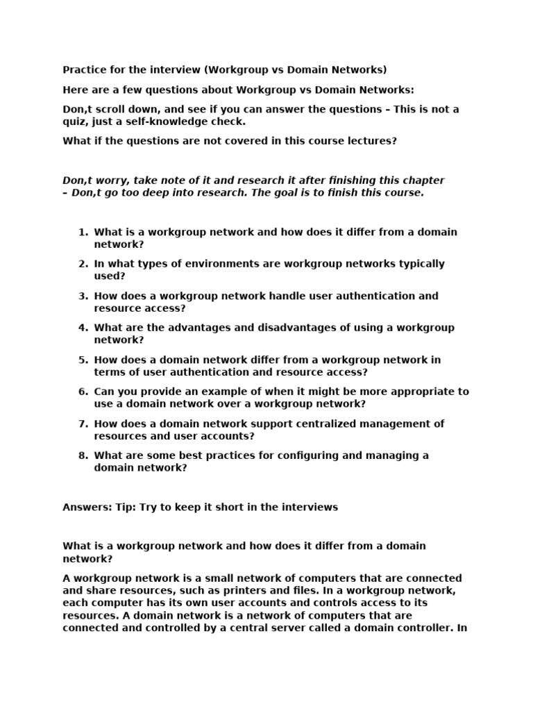 Practice For The Interview (Workgroup Vs Domain Networks) | PDF ...