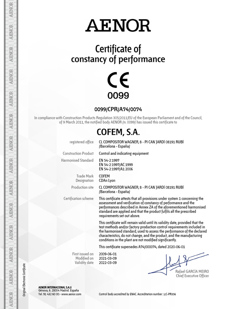 Certificate of Performance for COFEM Equipment | PDF