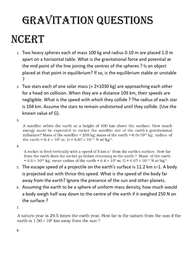 Gravitation Questions Sheet 1 | PDF