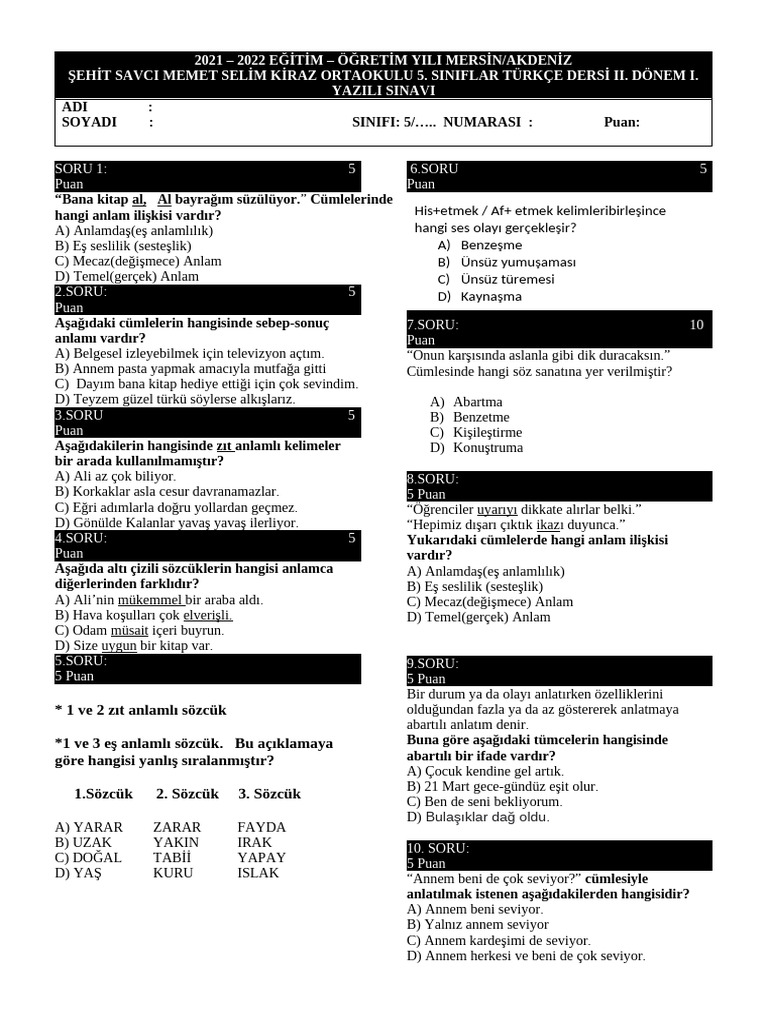 2021 2022trke5.Siniflar2.Dnem1.Yazili20soru | PDF