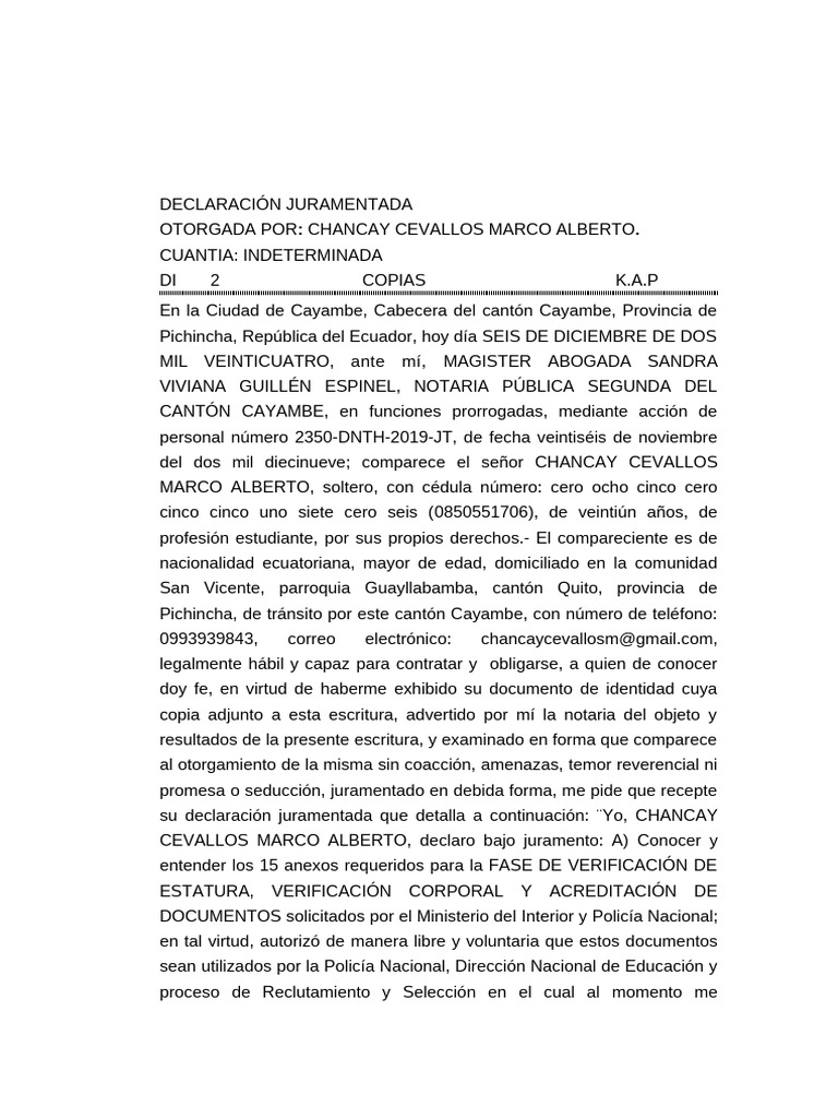 DECLARACIÓN JURAMENTADA Policia Actual CHANCAY CEVALLOS MARCO ALBERTO | PDF