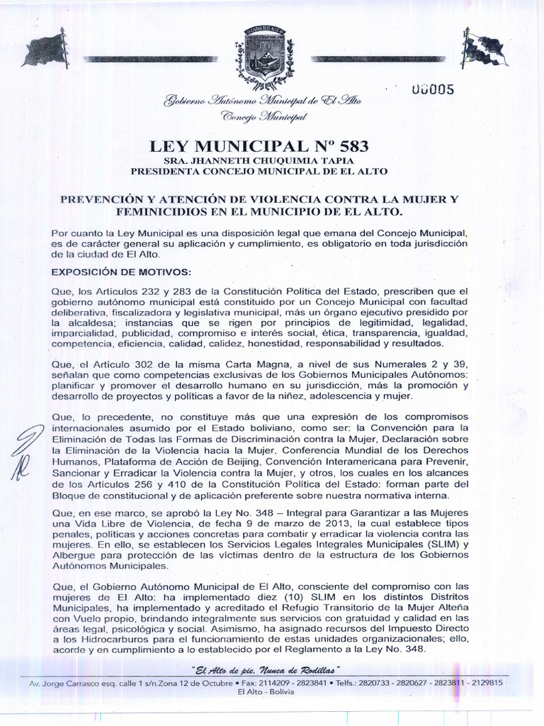 Ley Municipal GAM El Alto Nº 583 | PDF